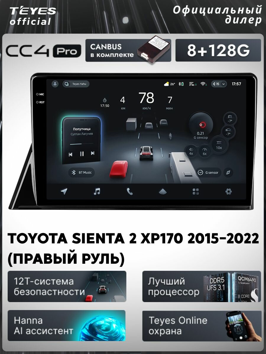 Магнитола Toyota Sienta 2 XP170 (RHD) 2015-2022 Teyes CC4 Pro 8/128GB, штатная магнитола, 8-ми ядерный процессор, QLED