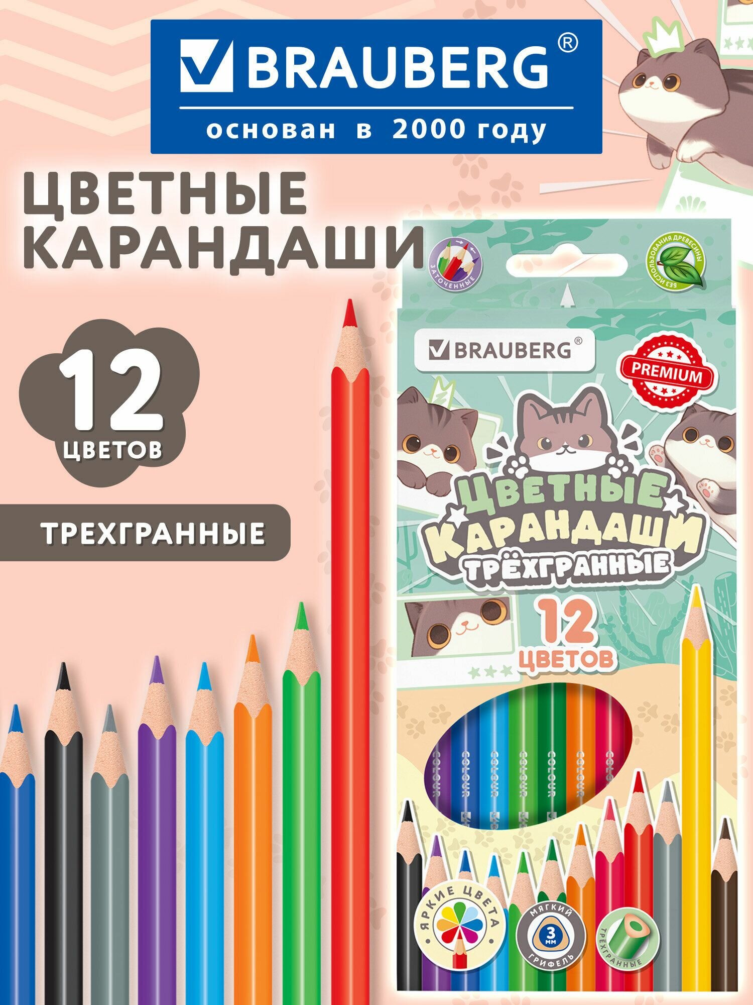 Карандаши цветные для рисования детям в школу, набор 12 цветов мягкие, трехгранные, Brauberg Cute Cats