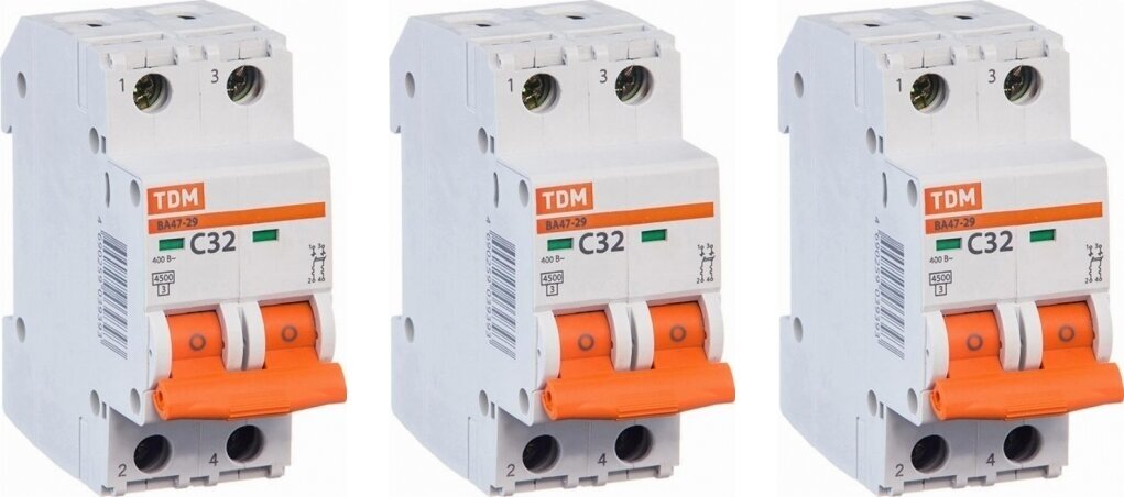 Автоматический выключатель TDM Electric ВА47-29 2P 32А характеристика C (комплект из 3 шт.)