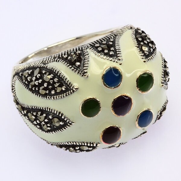 Кольцо, серебро, 925 проба, марказит, эмаль
