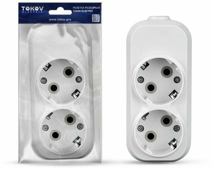 Колодка удлинителя TOKOV ELECTRIC белая, 2 места, 16 А, с заземлением, АБС-пластик