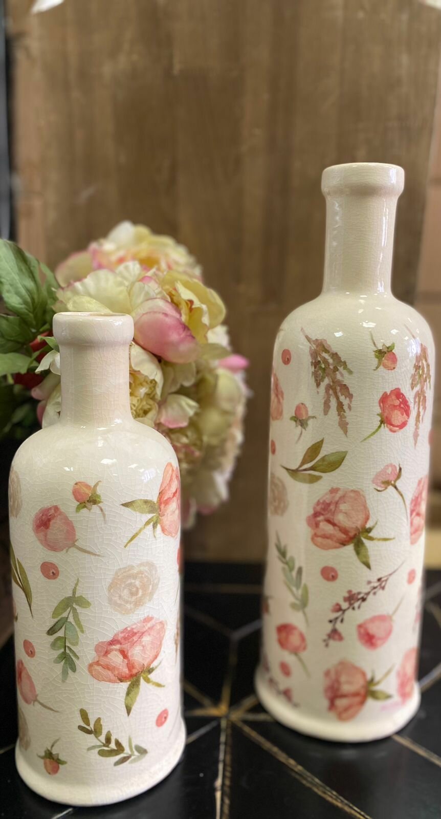 Ваза бутыль керамика винтажная в стиле прованс деколь Английская Роза для цветов и декора интерьера / Красивый подарок к любому празднику высота 39 см