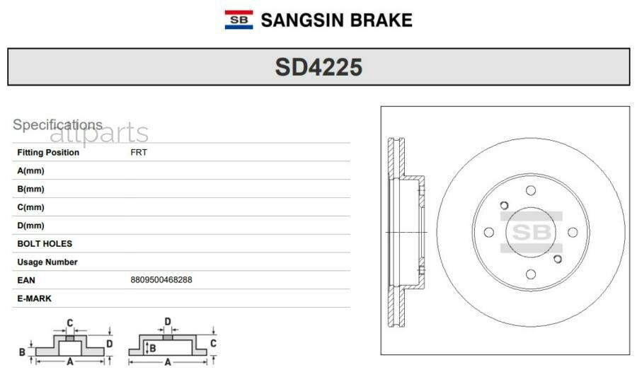 SANGSIN BRAKE SD4225 Диски тормозные, передние