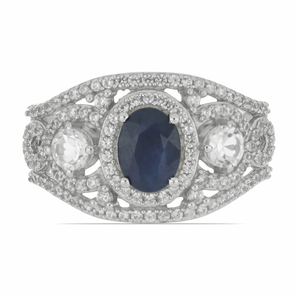 Кольцо, серебро, 925 проба, родирование, сапфир, циркон, топаз