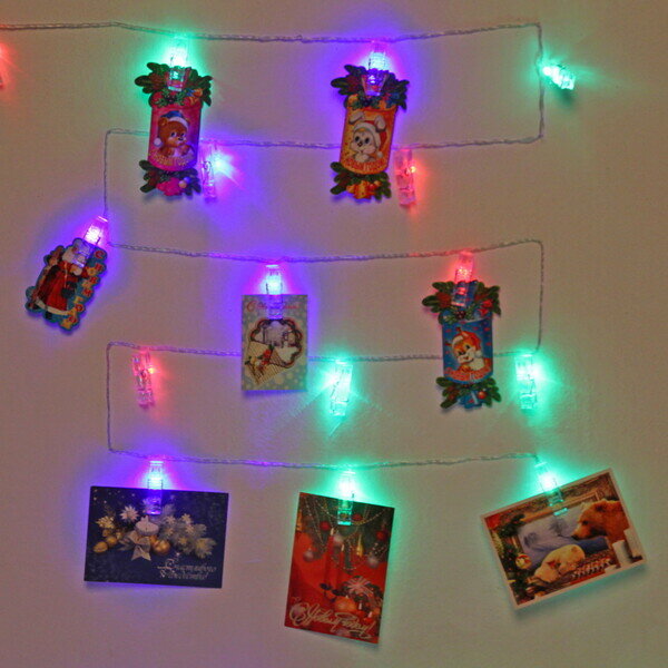 Гирлянда для дома Серпантин 4 м 20 ламп LED с насадками прищепка, прозрачный провод, IP-20, Мультицвет