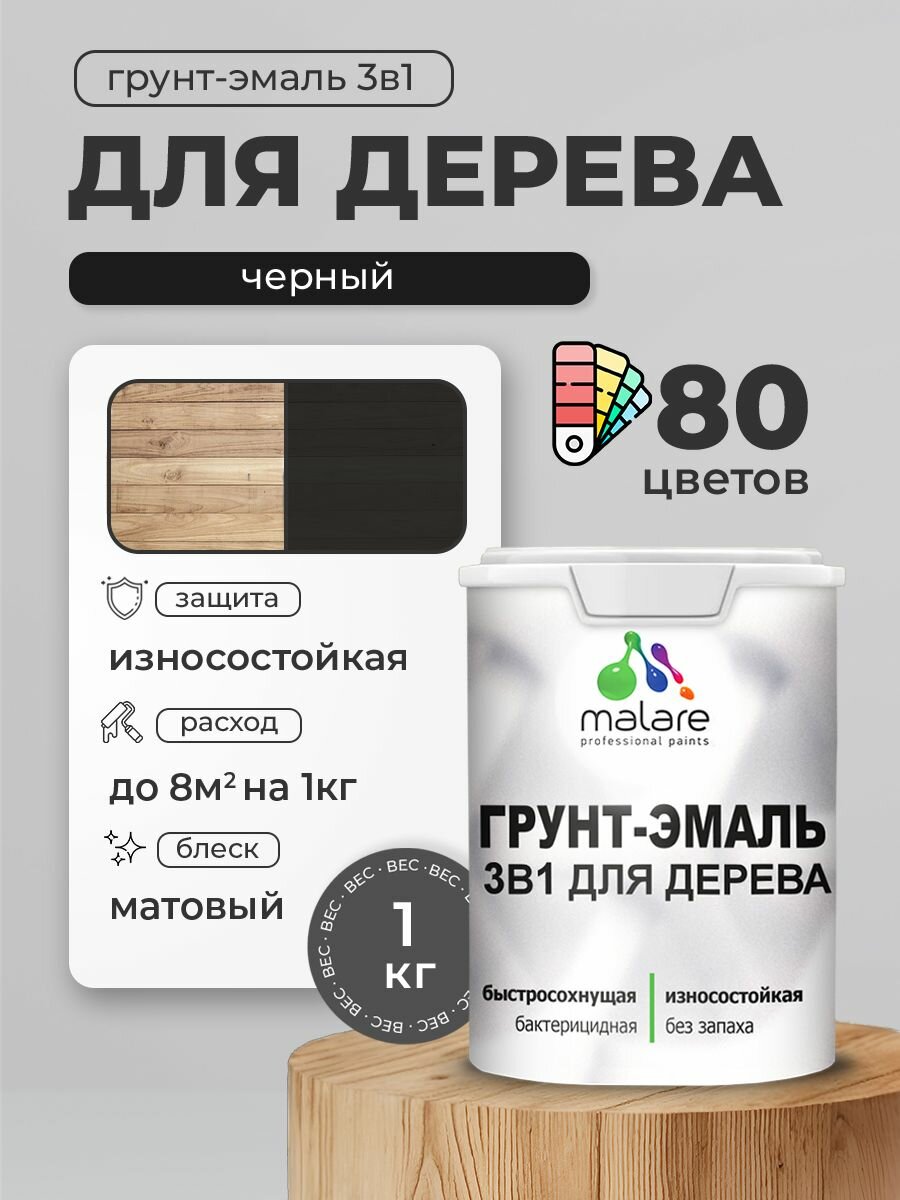 Акриловая Грунт-Эмаль 3 в 1 Malare для деревянных поверхностей/ краска по дереву с антисептическим эффектом/ быстросохнущая моющаяся без запаха матовая, черный, 1 кг