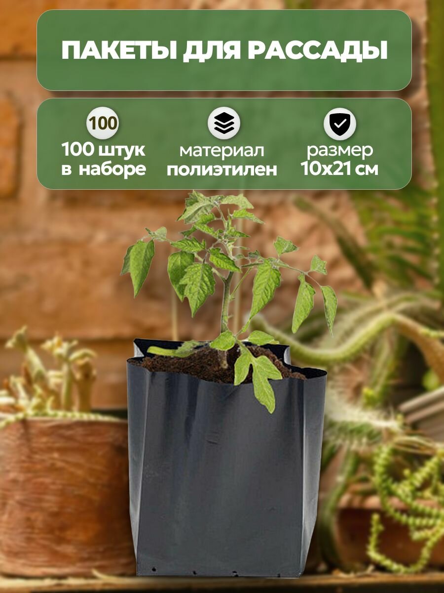 Пакеты для рассады, 100 шт, 10х21 см, объем 2 л, цвет черный. Полиэтиленовые мешки для проращивания семян и высадки растений в открытый грунт, габариты в заполненном виде 13х20 см