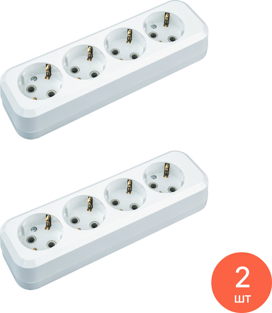 Блок розеток Navigator / Навигатор NCA-BL01-04-E-WH, 4 гнезда с заземлением, 16А 3500Вт IP20, белый 61586 / колодка электрическая для удлинителя (комплект из 2 шт)