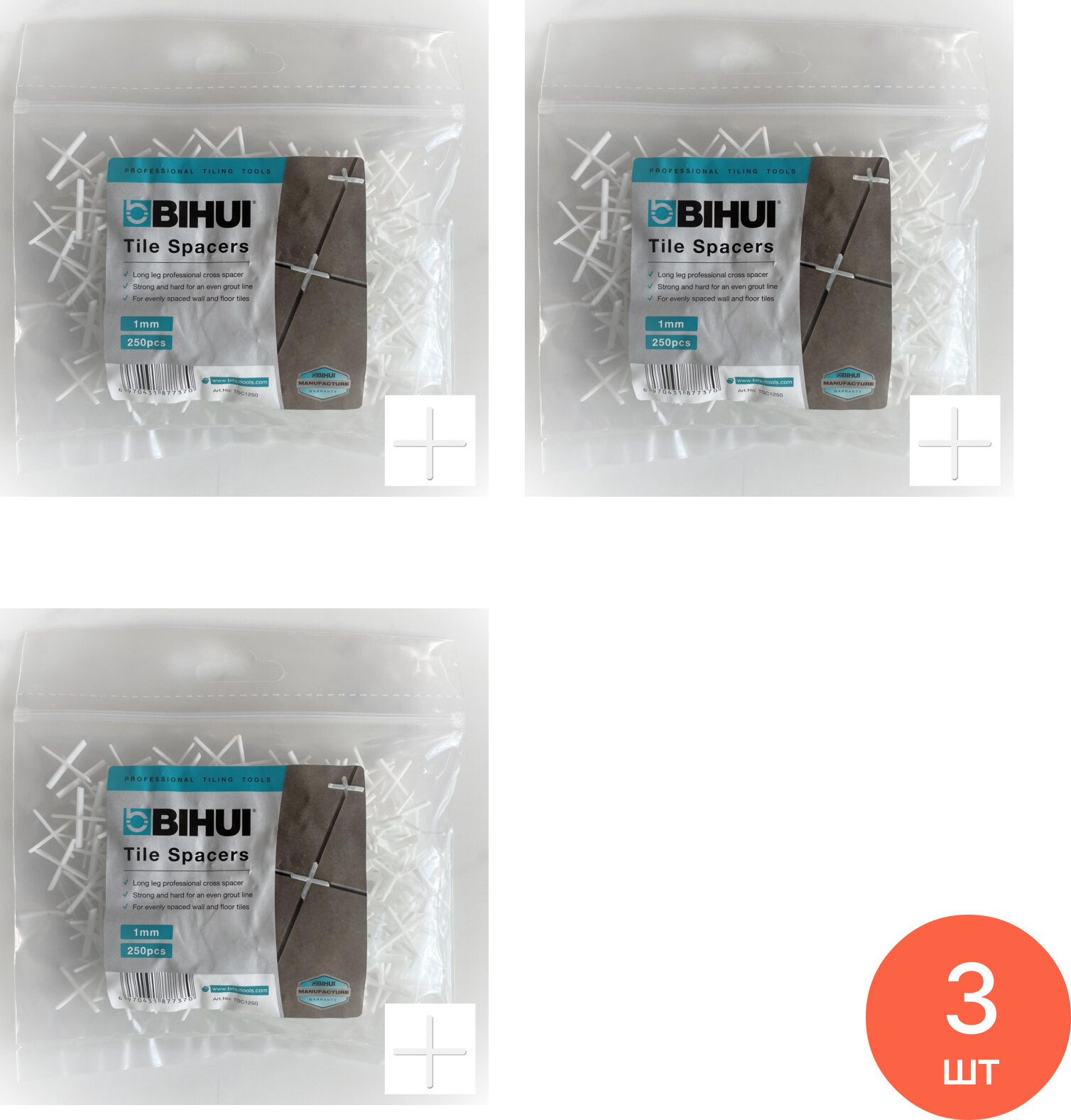 Крестики BIHUI / Бихуи для кафельной плитки профессиональные длинные, пластиковые, белые, 1мм, 250шт. в упаковке / крепеж (комплект из 3 шт)