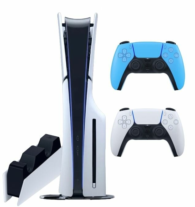 Игровая приставка Sony PlayStation 5 Slim с дисководом + 2й голубой геймпад и зарядная станция