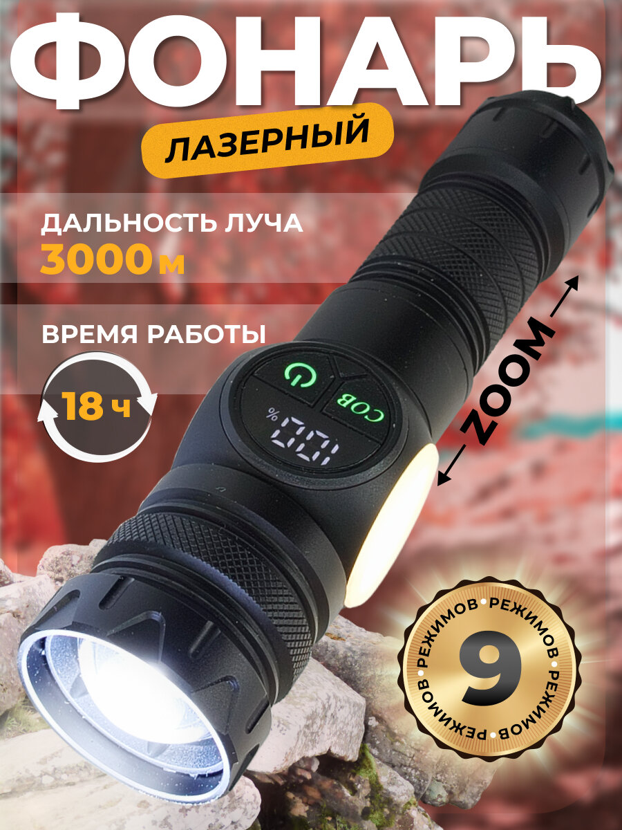 Фонарь лазерный аккумуляторный ручной для кемпинга/9 режимов/черный/зум