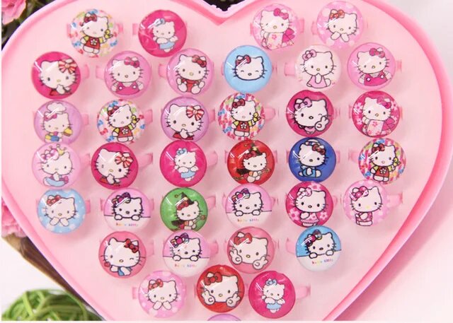 Детские кольца Sanrio Hello Kitty из 36 предметов, детские регулируемые кольца для малышей, модные детские кольца с героями мультфильмов для девочек, в форме сердца, в коробке, рождественский подарок