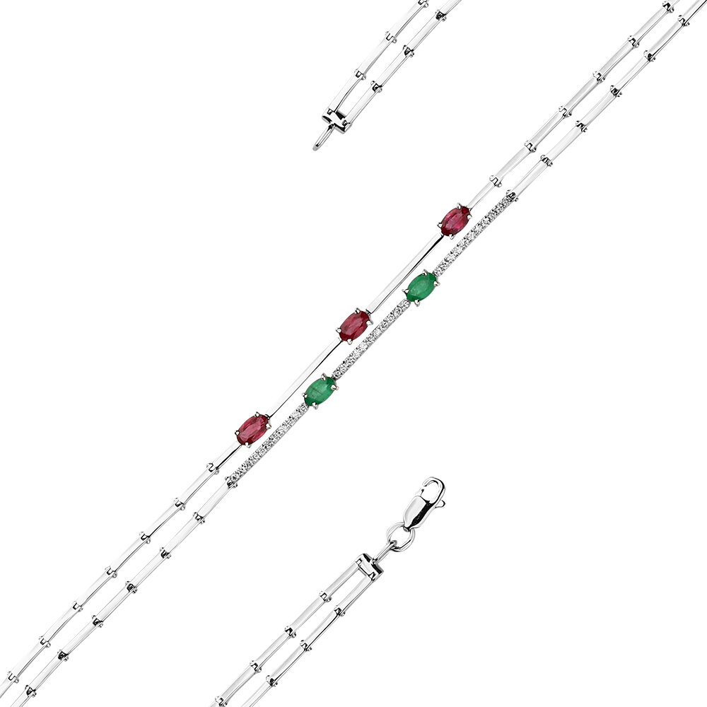 Браслет, белое золото, 585 проба, рубин, изумруд, бриллиант