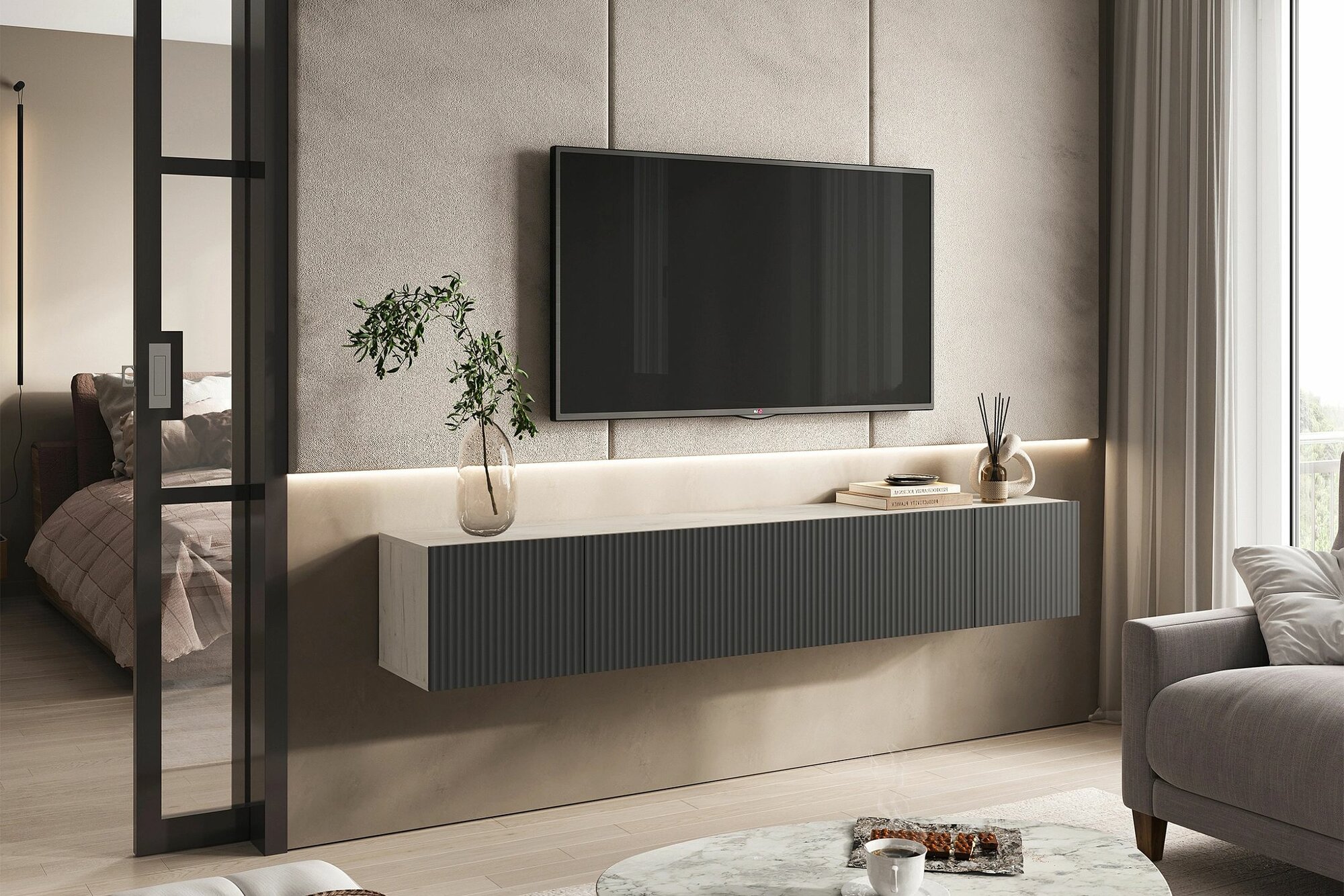 Тумба под телевизор Оскар (Графит Софт NEW, Дуб Крафт Белый)