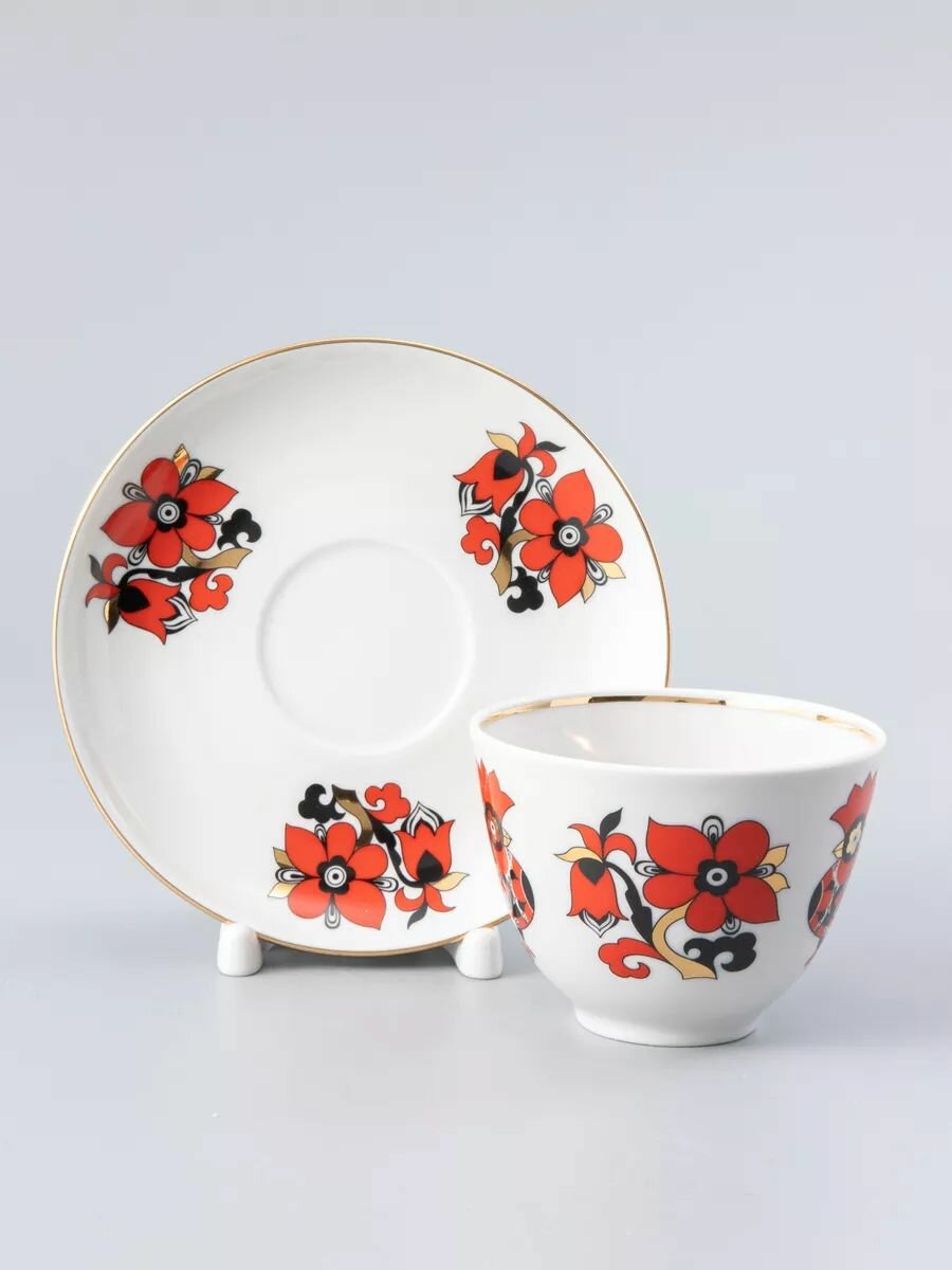 Чашка с блюдцем ИФЗ Весенняя, Красные петушки, 250мл, фарфор