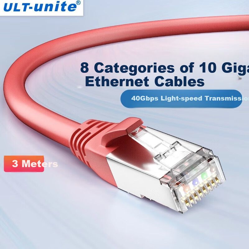 ULT-unite CAT8 Ethernet Cable 3m Red - High Speed 8-Core Twisted Pair Shielded LAN Cable for Gaming and Esports, Compatible with 10Gbps/1Gbps Networks