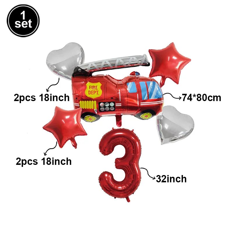 Фольгированные шары "Пожарная машина" и "3", красные, 1 set