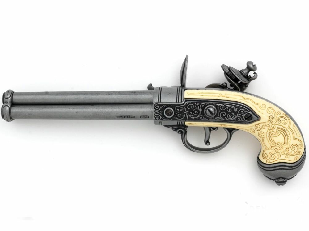 Сувенирная копия - Пистоль DENIX 1680, антикварное, трехствольное, хромированный, Испания