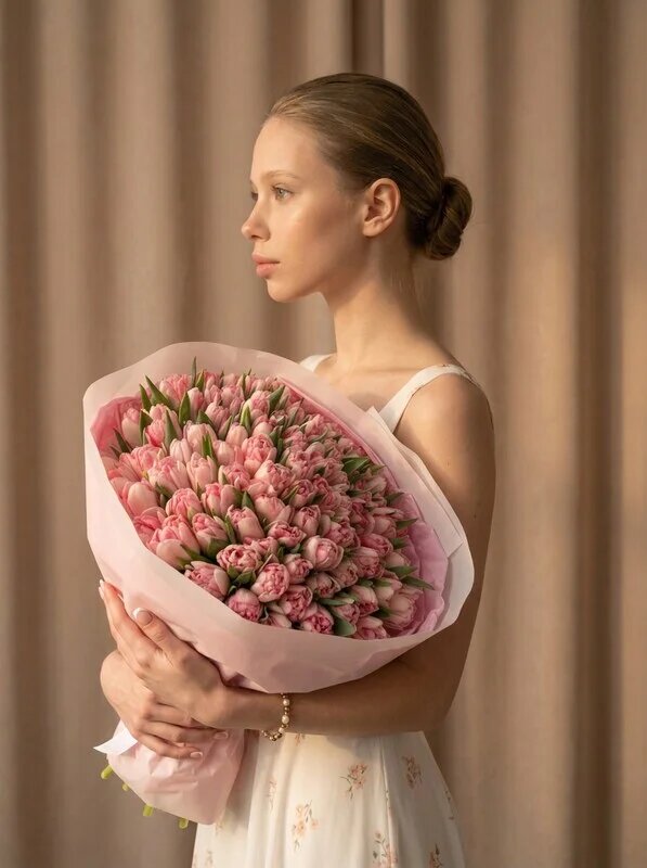 Букет из тюльпанов «Эмили» — Букет цветов «Эмили» из пионовидных тюльпанов, 51 шт