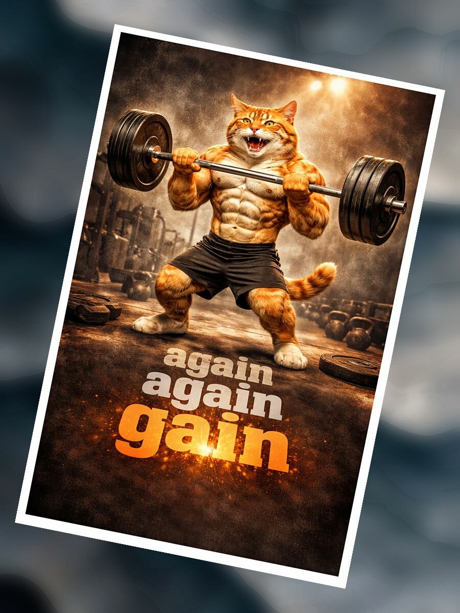 Постер "Кот-качок Gain", 29.7х42см, А3, глянцевый