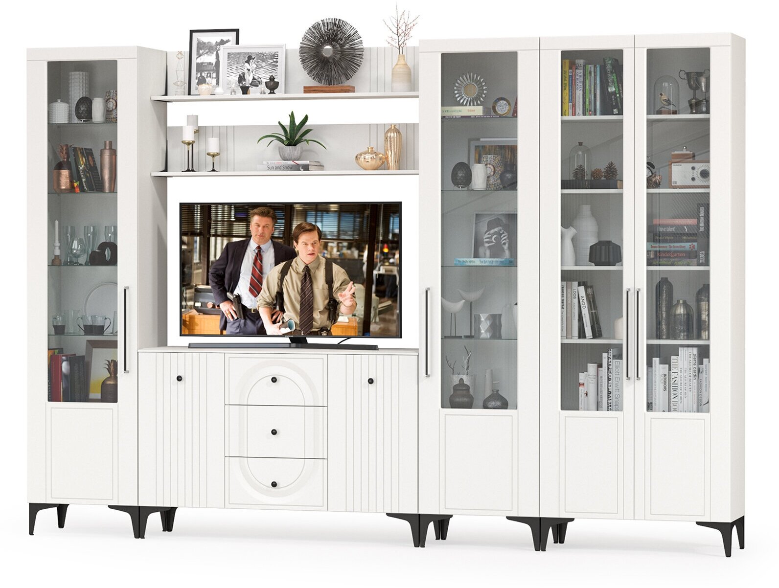 Набор мебели из шести предметов для гостиной Валенсия 109 белый шагрень 3273х384х2252 см. ниша для ТВ 133х38х90 см.