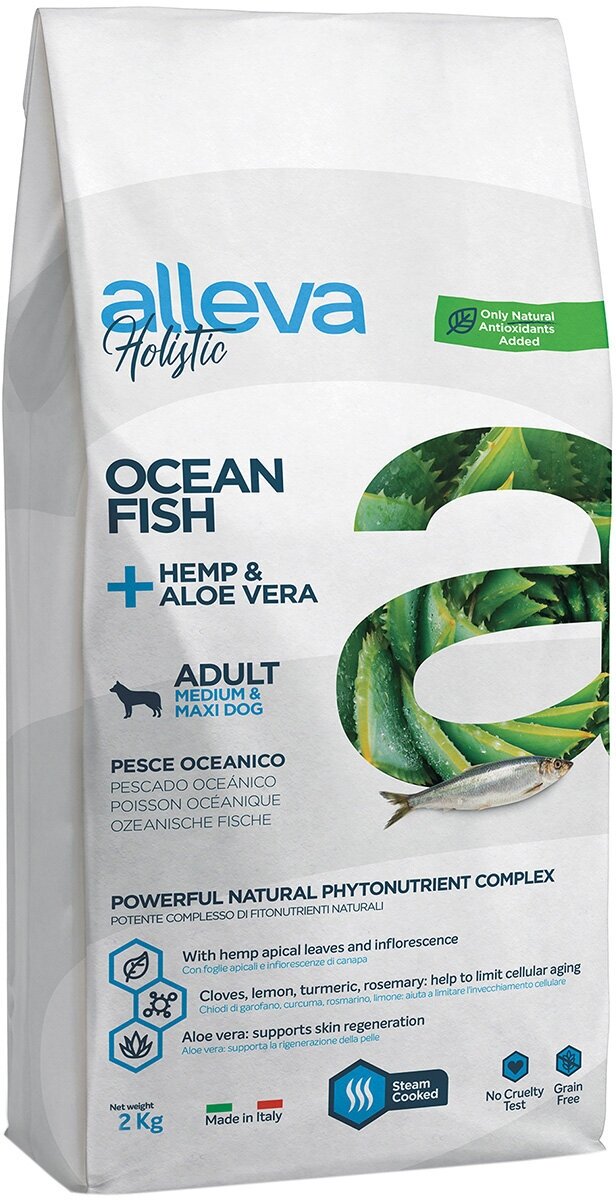ALLEVA HOLISTIC ADULT DOG MEDIUM/MAXI OCEAN FISH беззерновой для взрослых собак средних и крупных пород с океанической рыбой и алоэ вера (2 кг)