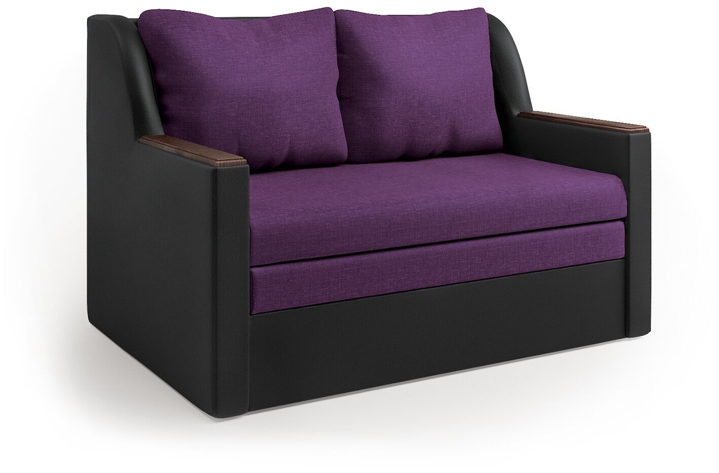 Диван-кровать Дуэт, прямой, раскладной, с ящиком для белья, экокожа черный и фиолетовая рогожка