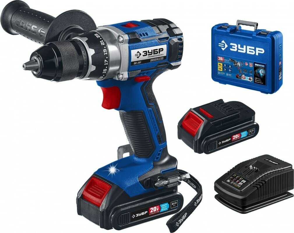 ЗУБР Т7, 20 В, 70 Н·м, 2 АКБ (2 А·ч), бесщеточная дрель-шуруповерт, кейс, Профессионал DB-201-22