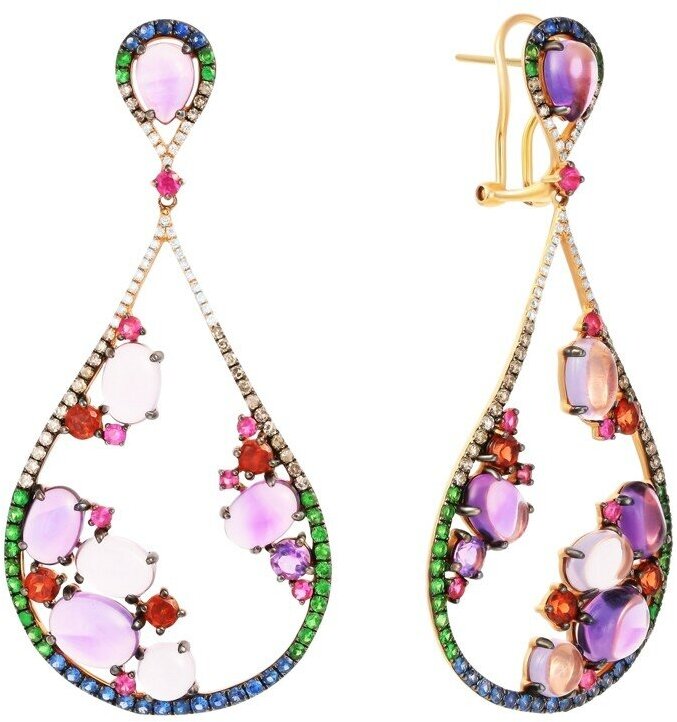 Серьги JV, красное золото, 585 проба, сапфир, рубин, бриллиант