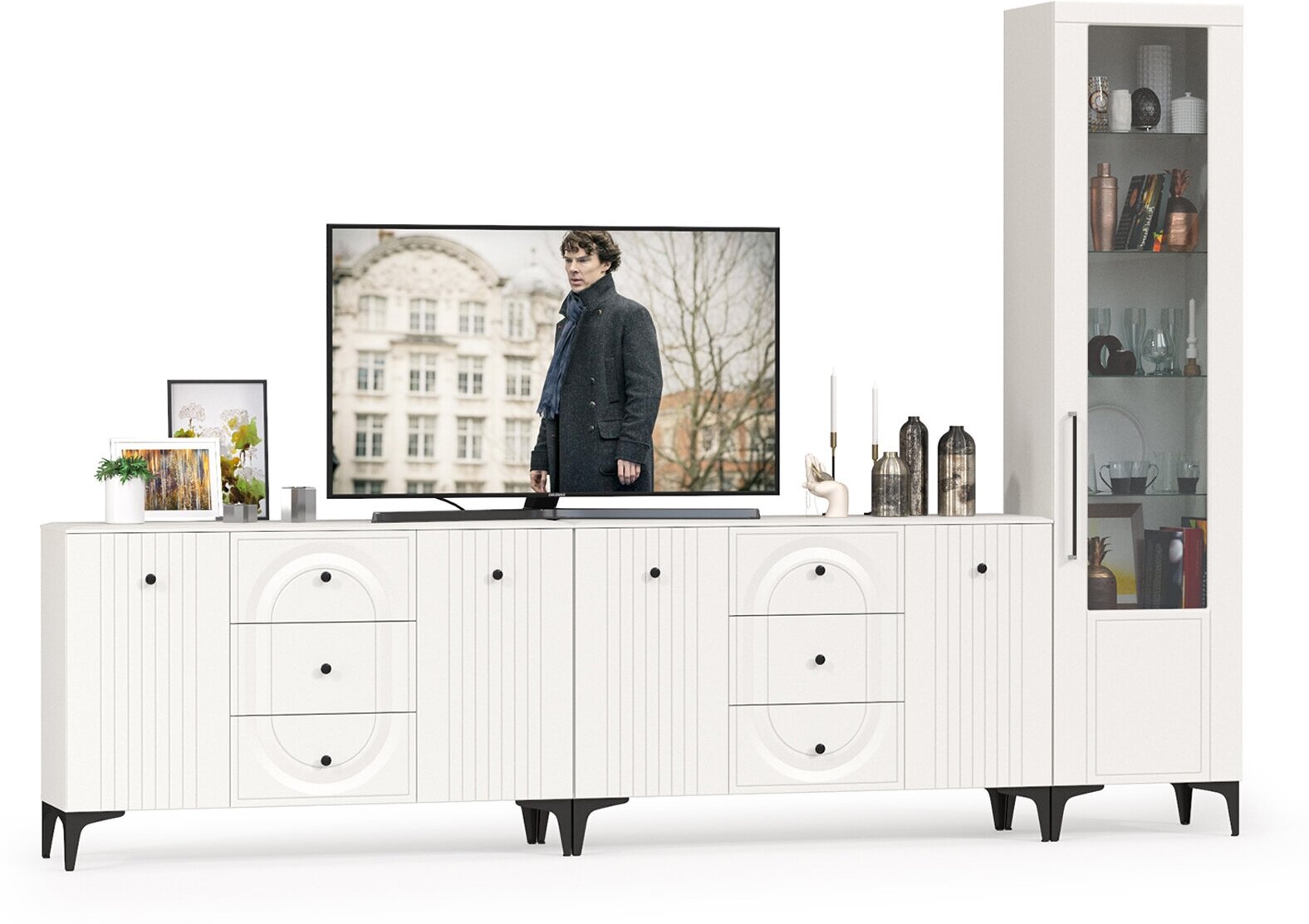 Две тумбы-комода под ТВ и пенал со стеклом Валенсия, цвет белый шагрень, ШхГхВ 321,3х38,4х225,2 см.