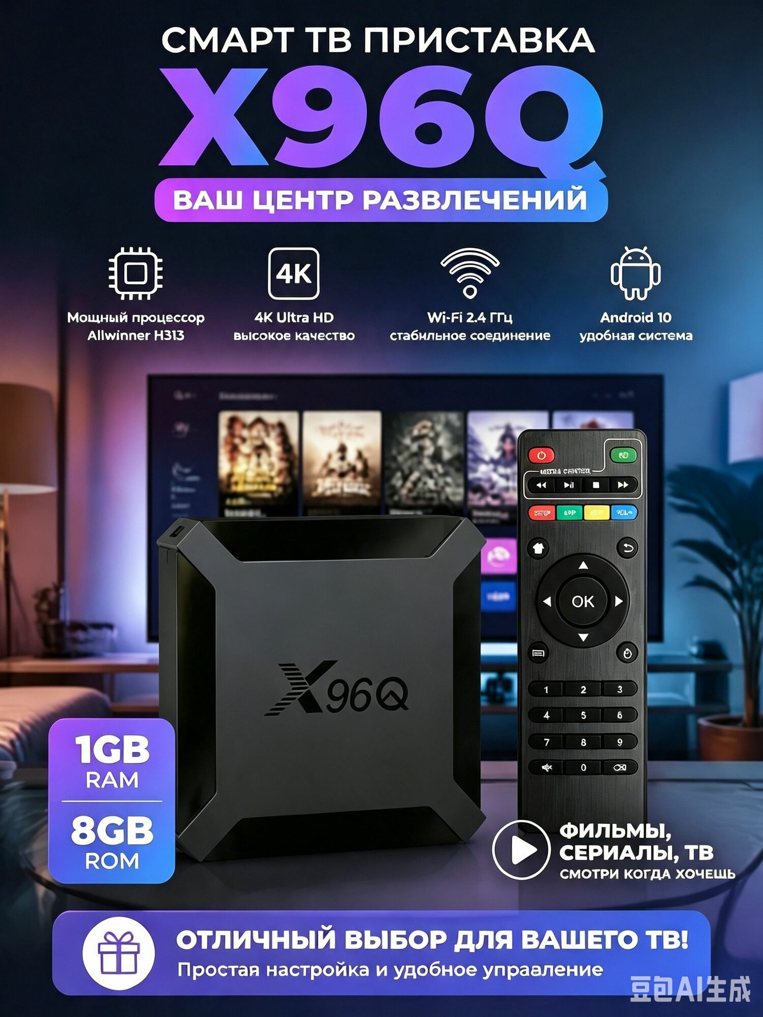 Приставка смарт тв X96Q, Android 10,1/8Gb 4K WiFi IPTV Smartbox H313 пульт, портативная цифровая консоль