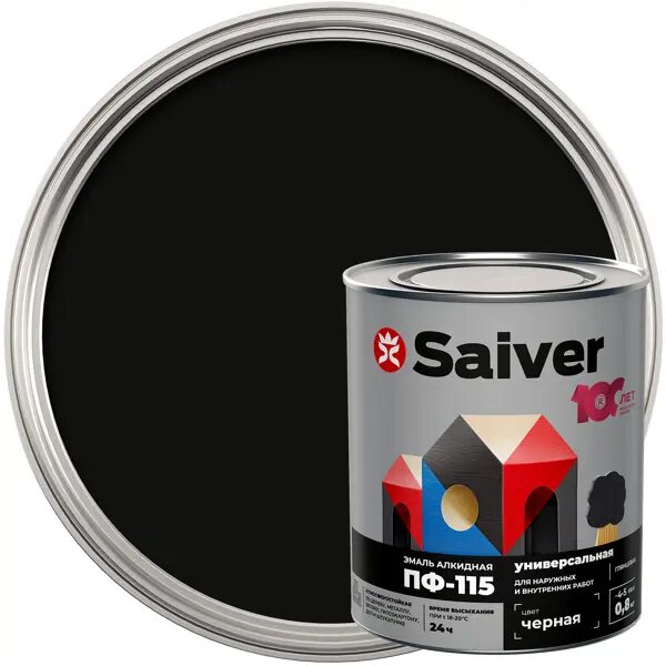 Эмаль ПФ-115 Saiver Lux глянцевая цвет черный 0.8 кг