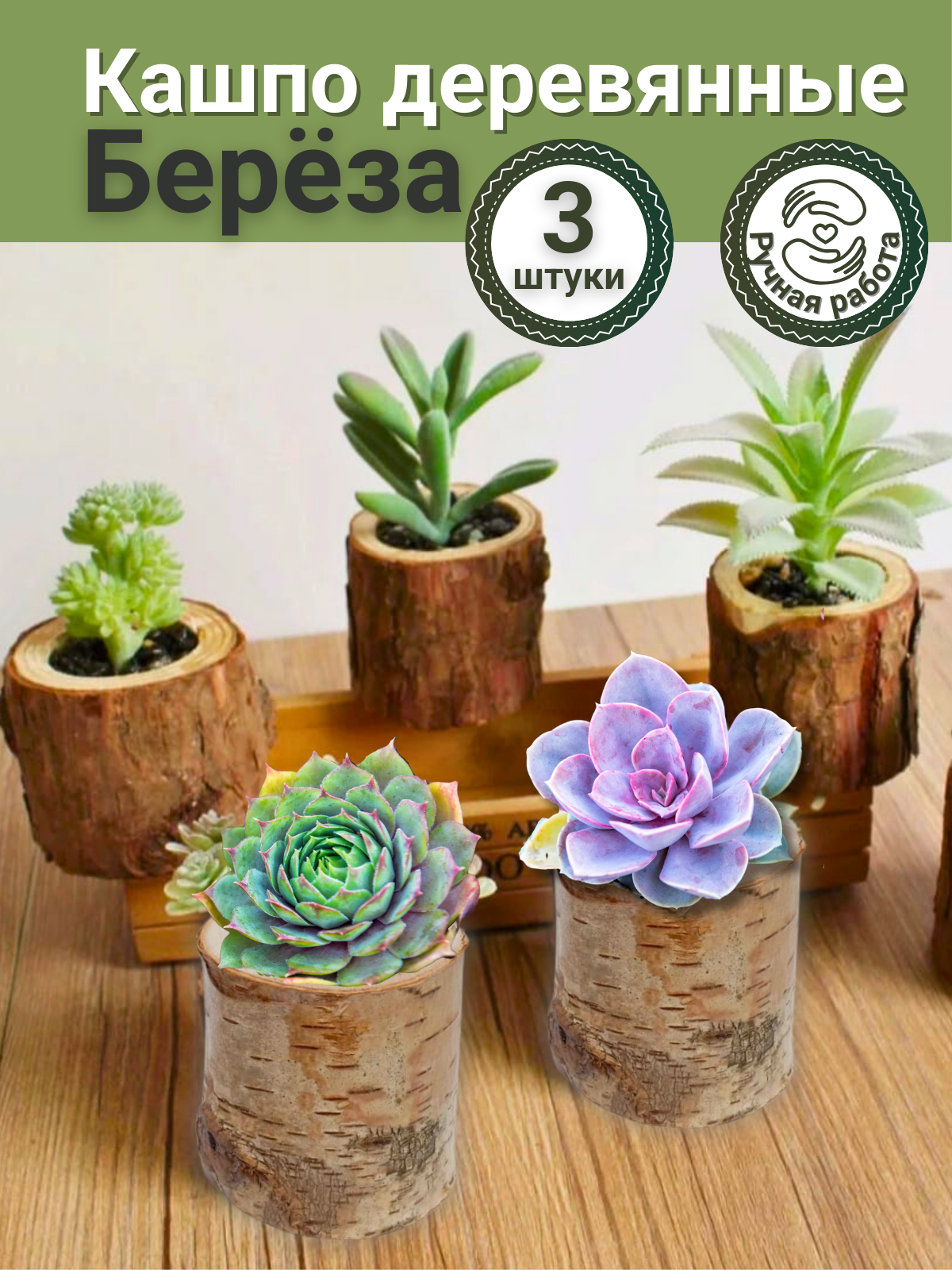 Деревянные кашпо для суккулетов 3 штуки Береза