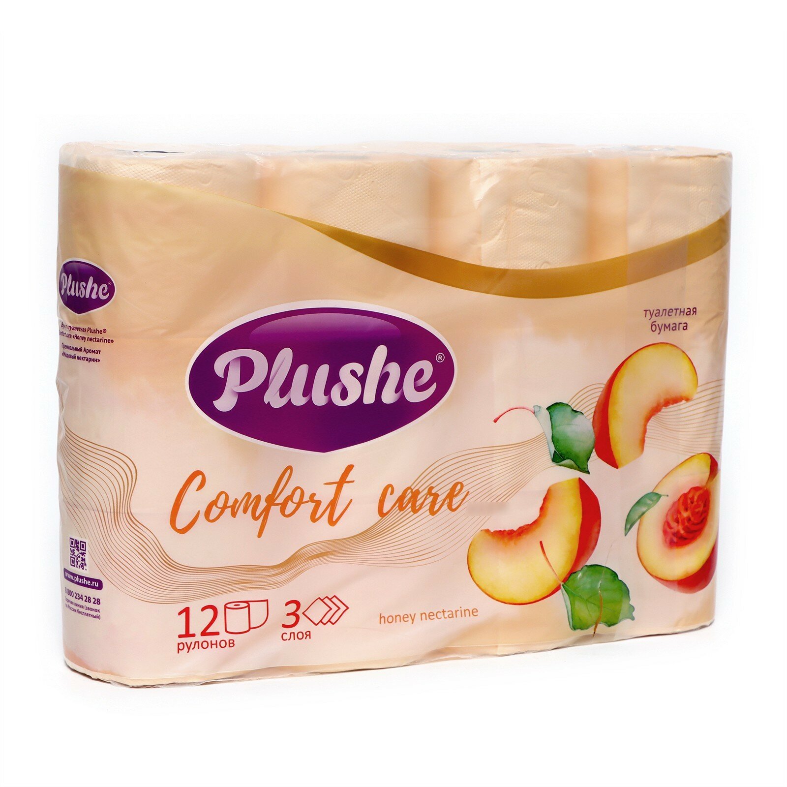 Туалетная бумага Plushe Honey Nectarine «Персик», 3 слоя, 12 рулонов