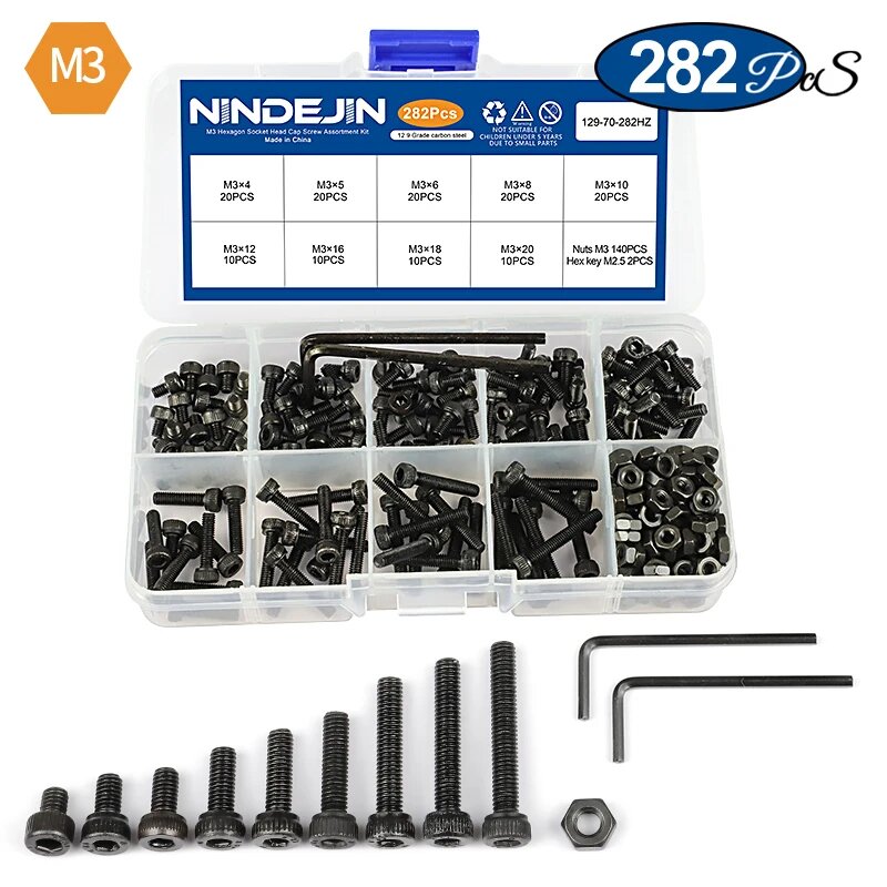 NINDEJIN набор винтов с шестигранной головкой м2 м2.5 м3 м4 м5 м6 M3 282pcs