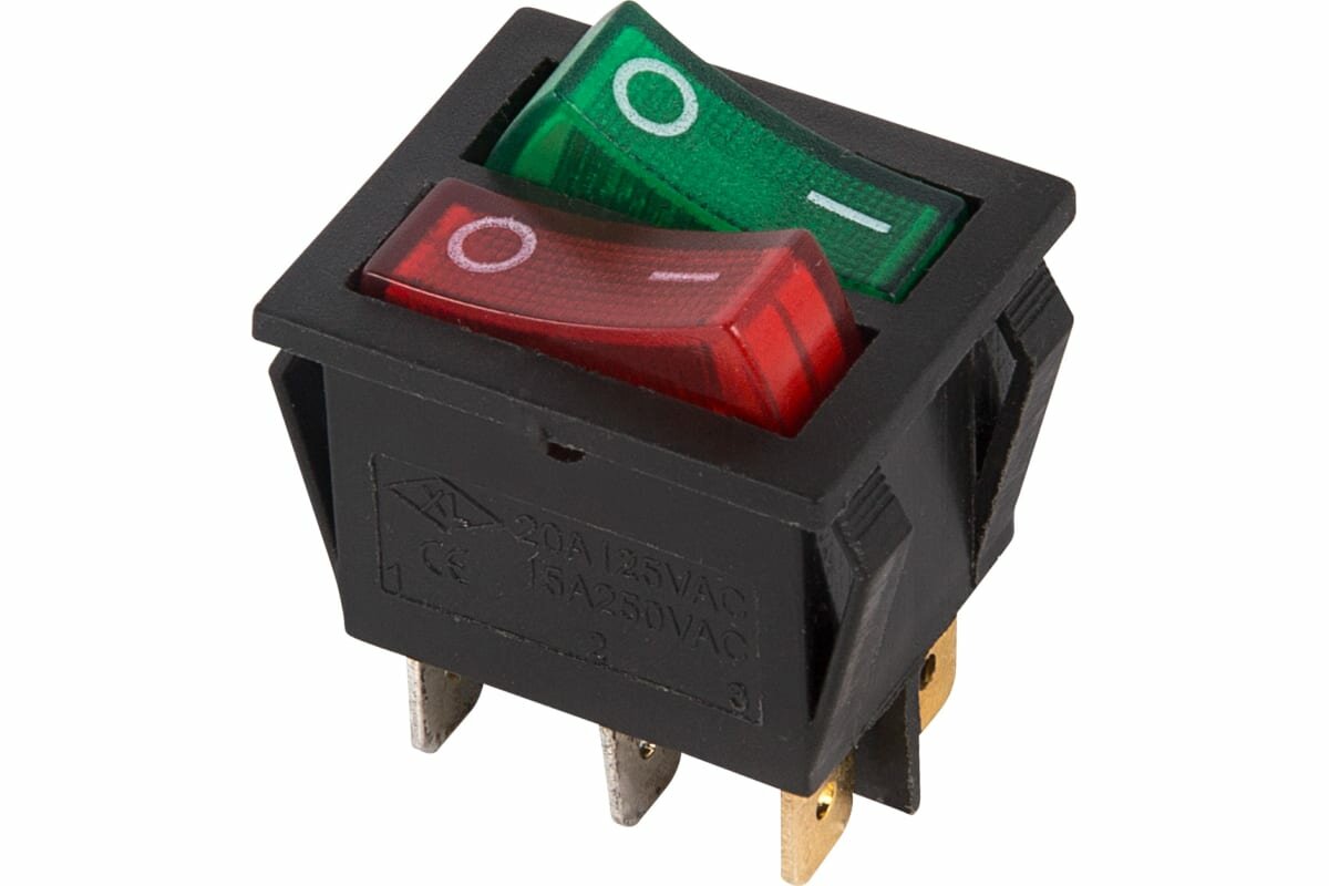 Двойной выключатель клавишный Rexant ON-OFF красный и зеленый с подсветкой (250В 15А (6с)) {36-2450}