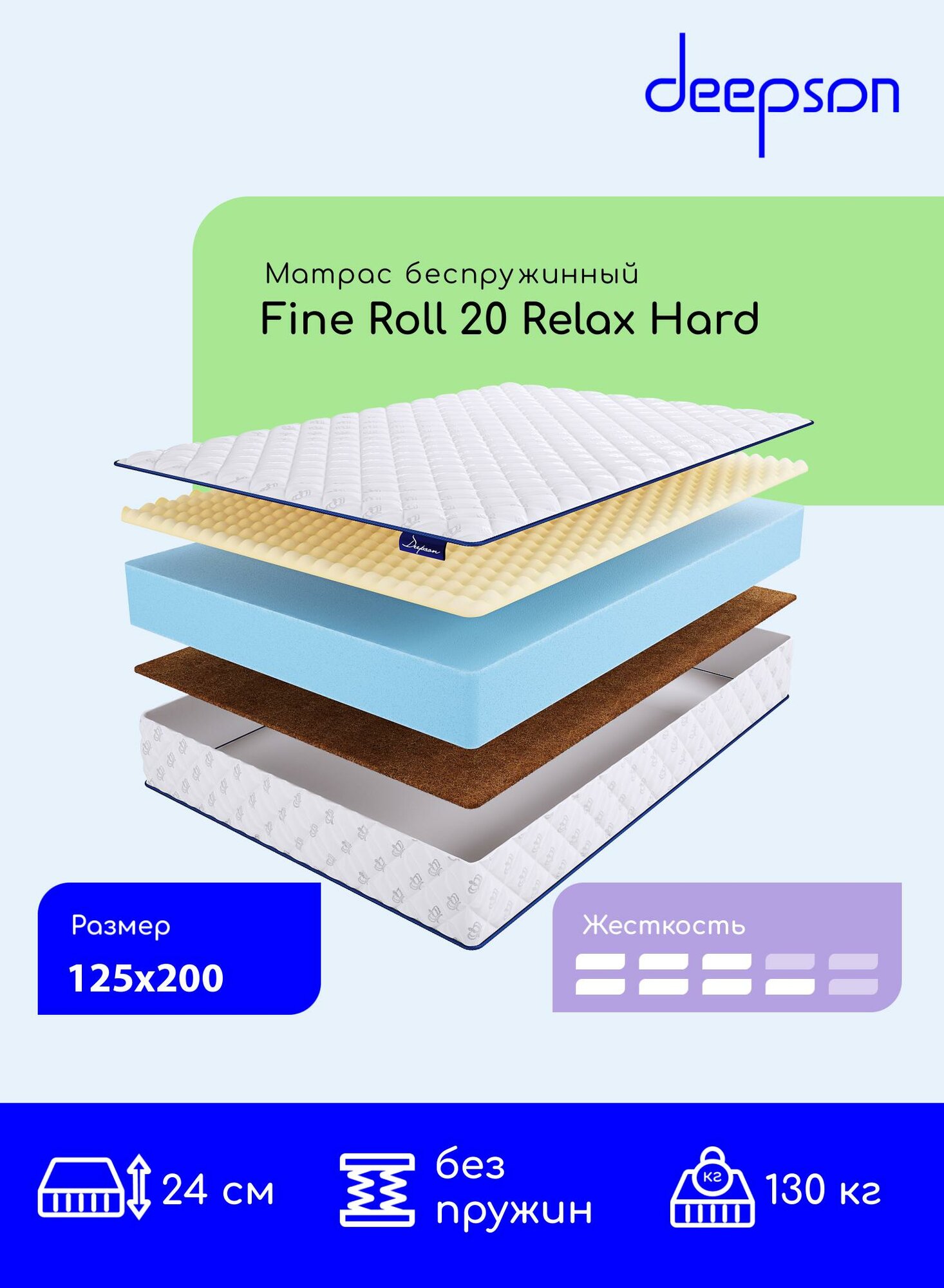 Матрас 125x200 ортопедический беспружинный Deepson Fine Roll 20 Relax Hard