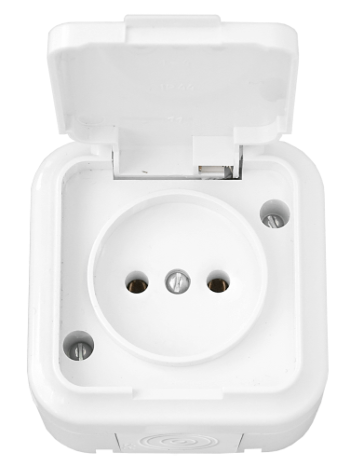 Розетка силовая штепсельная Bylectrica / Байлектрика Минск РА16-236 ОП 16А IP44, одноместная, белая с крышкой, 108109
