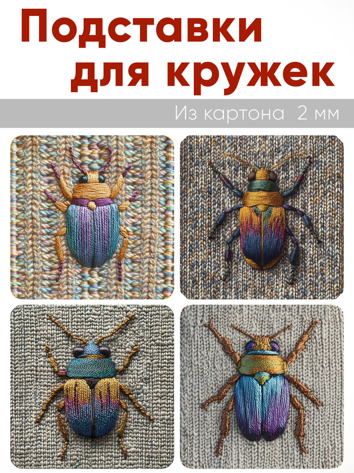 Подставки для кружек Милые жуки , 4 шт (10 х 10 см), картон