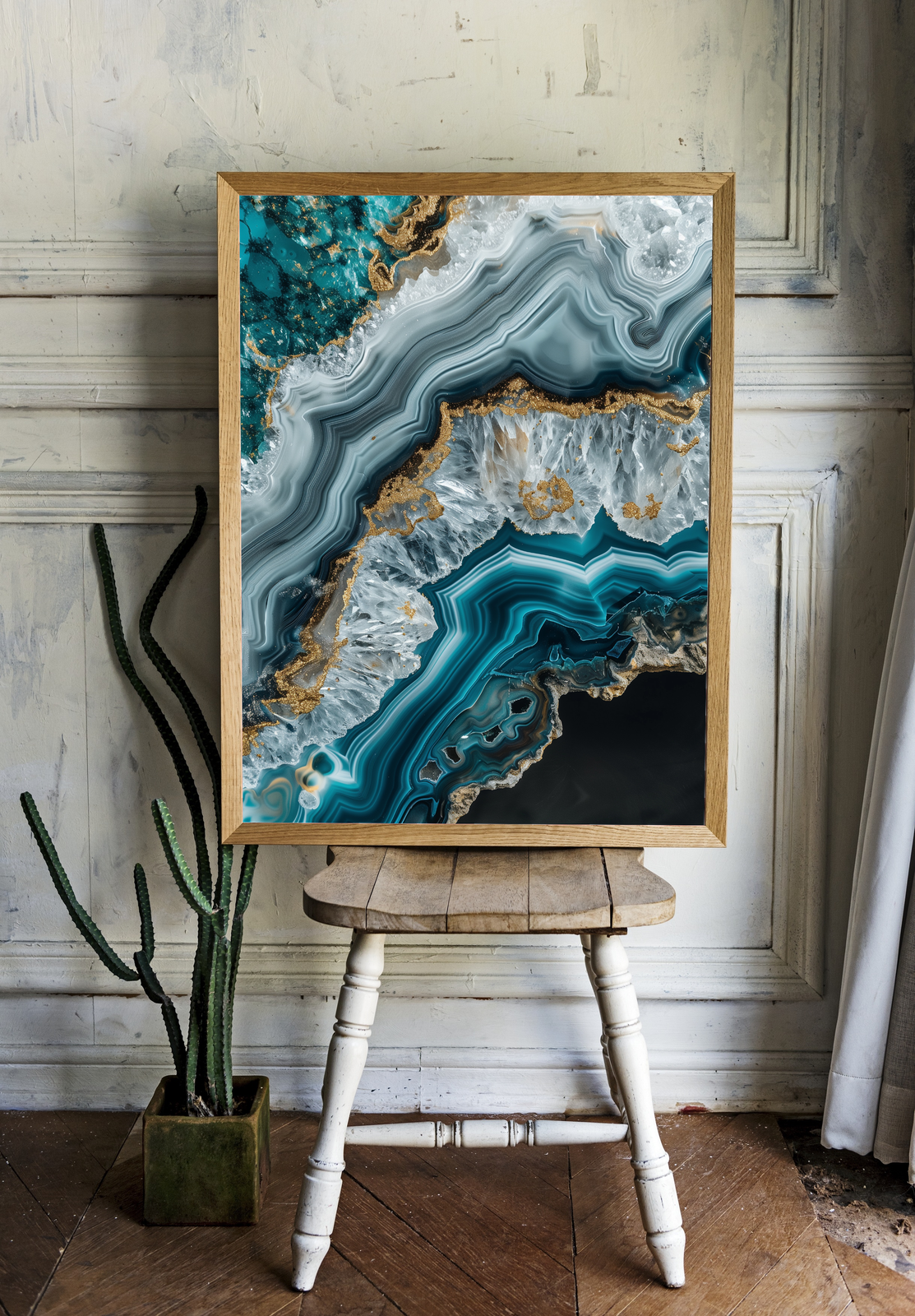 Постер "Абстракция мрамора в аквамарине и золоте" 40x50 в раме