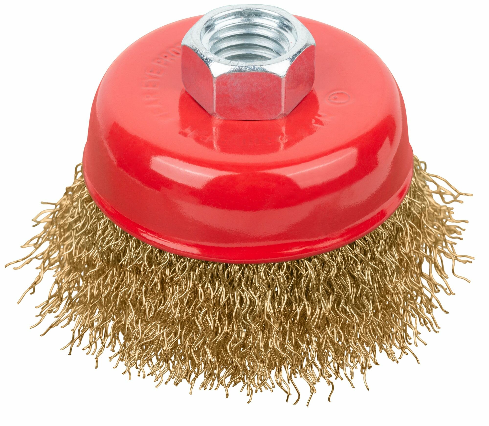 Корщетка-чашка, гайка М14, стальная латунированная волнистая проволока 65 мм