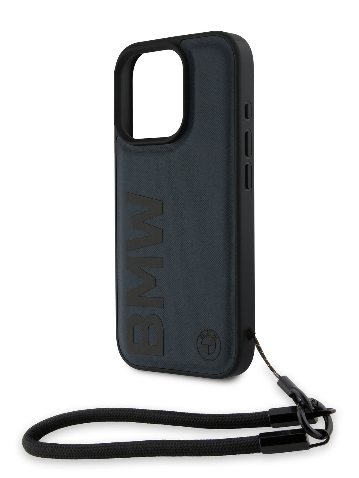 BMW для iPhone 16 Pro Max чехол Signature Leather Wordmark + Hand Cord Hard Blue