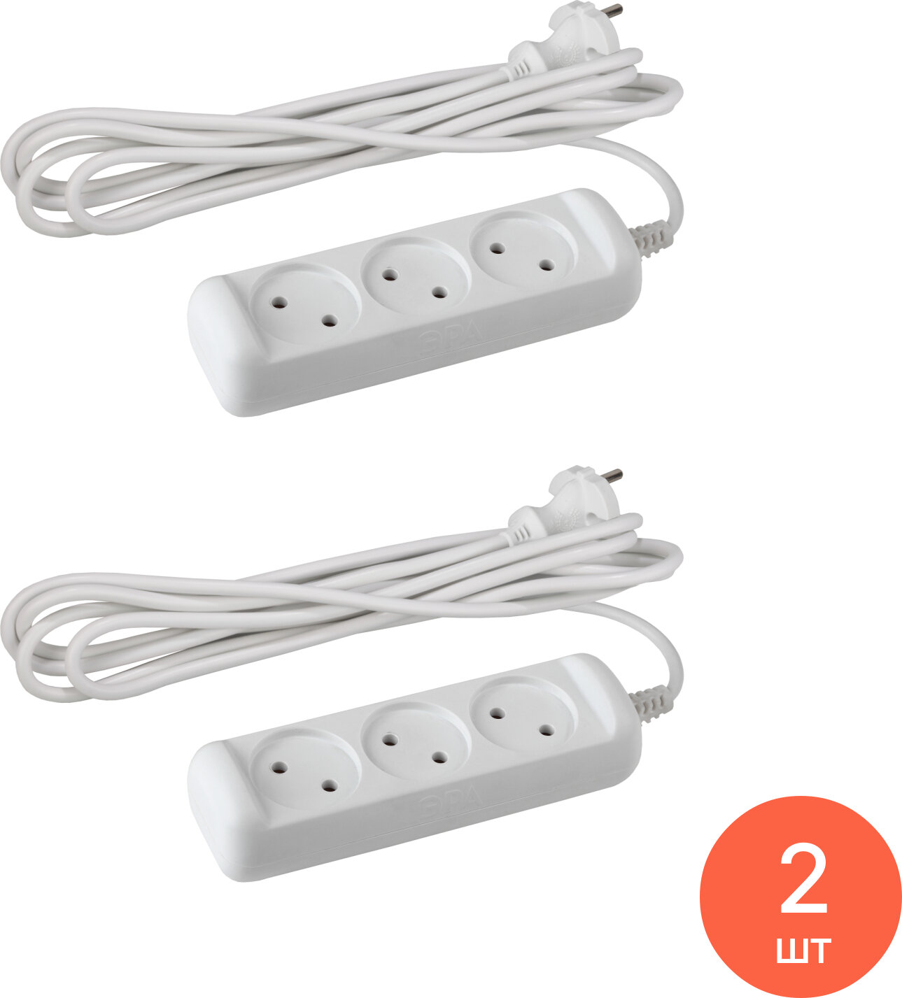 Удлинитель бытовой ЭРА U-3-3m без зазeмляющих контактов, ПВС 2х1мм² 10А, 3 метра 3 розетки, белый Б0028355 (комплект из 2 шт)