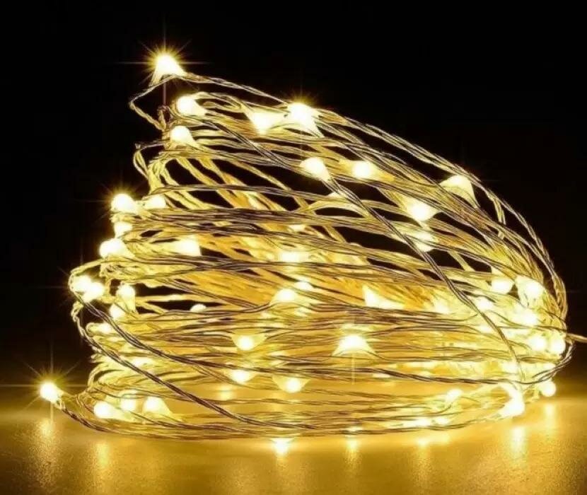 Светодиодная гирлянда Феникс-Презент Роса 5 м, 50 ламп от батареек LED теплый белый, 1 режим (89545)