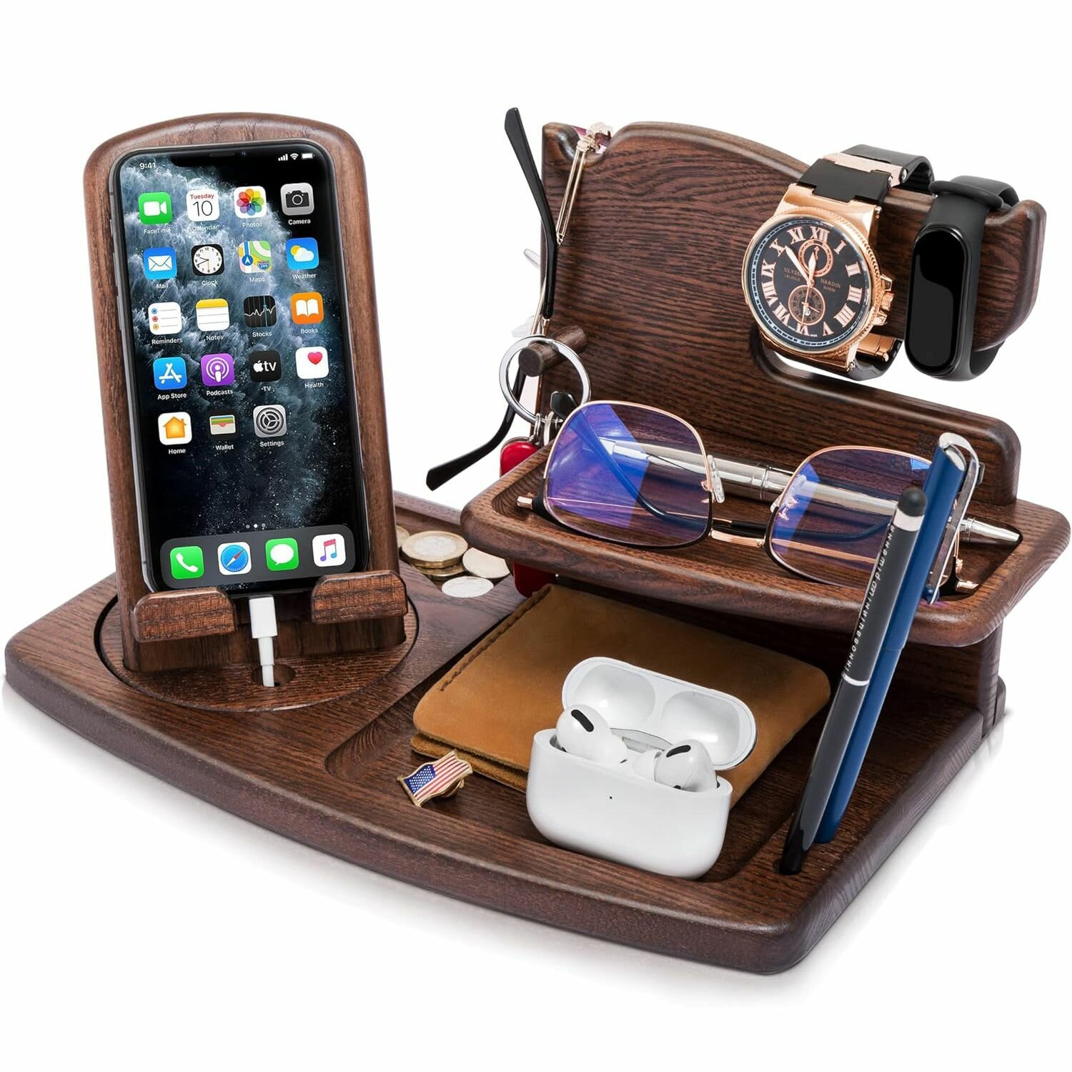 Подставка-держатель Многофункциональная для мобильного телефона, часов Деревянная