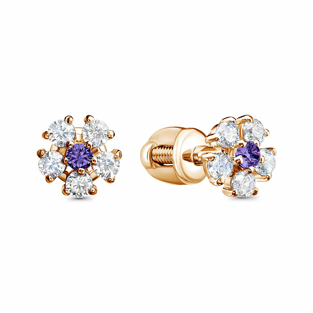 Серьги пусеты, красное золото, 585 проба, фианит