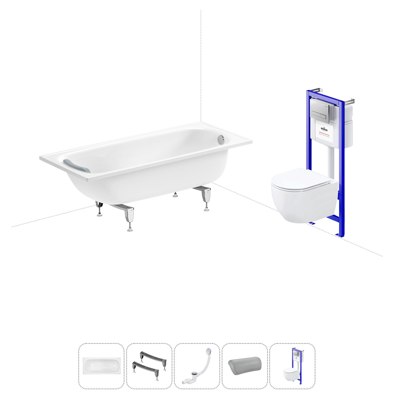Стальная ванна 160х70 Sanitana BLB Europa 20220797R в наборе 5 в 1: металлическая ванна 160 х 70 см, ножки, слив-перелив, подголовник, инсталляция с унитазом