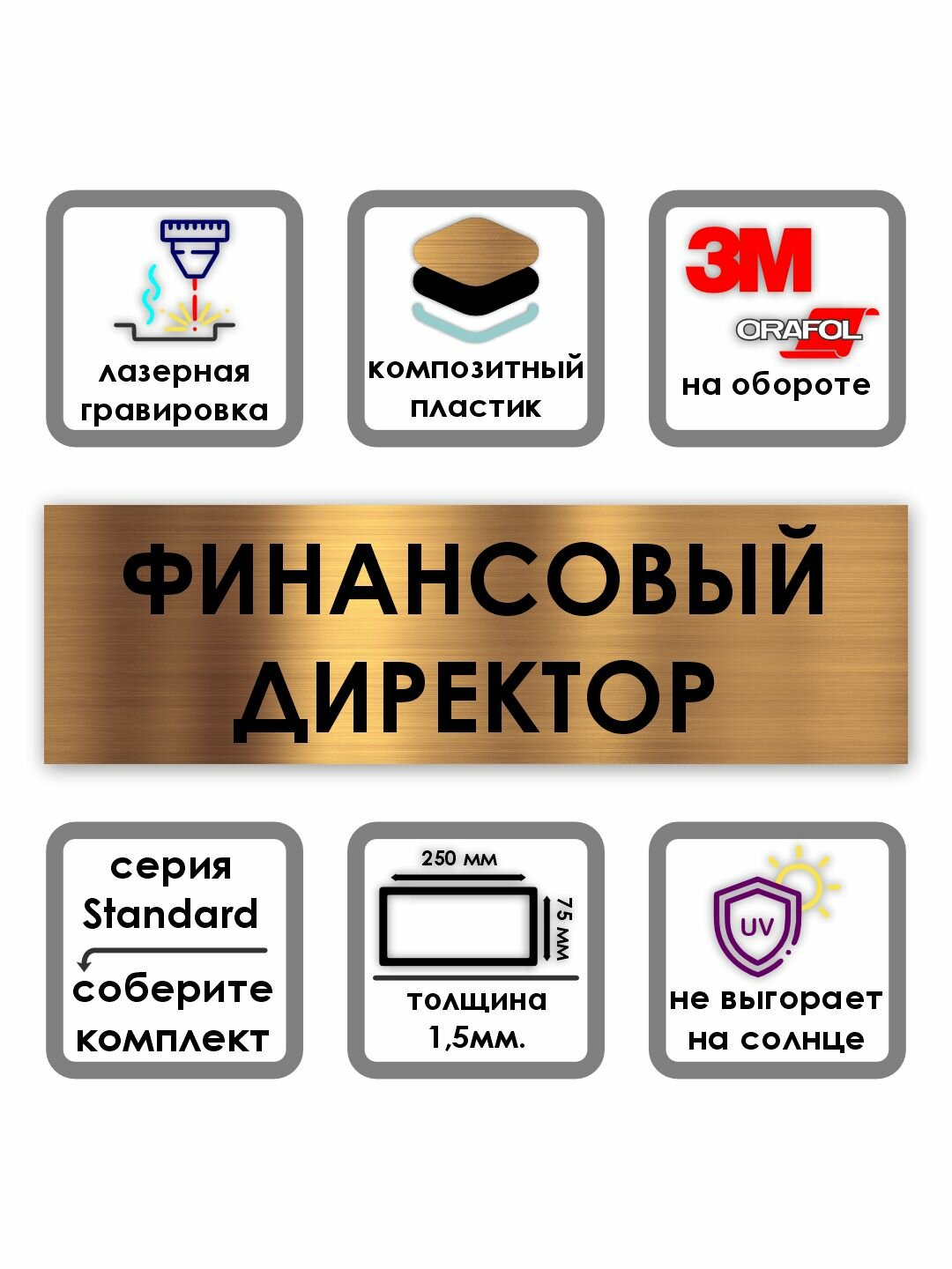 Финансовый директор табличка на дверь Standard 250*75*1,5 мм. Золото