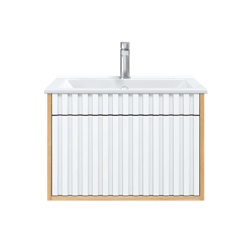 Тумба под раковину без столешницы Onika Дайлер 60 подвесная, белая, светлое дерево, матовая, тумба для ванной, с ящиками