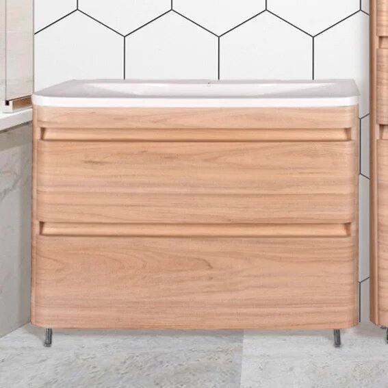 Тумба под раковину без столешницы Style Line Атлантика 100 напольная, с ножками, светлое дерево, матовая, из МДФ, тумба для ванной, с ящиками, с доводчиками